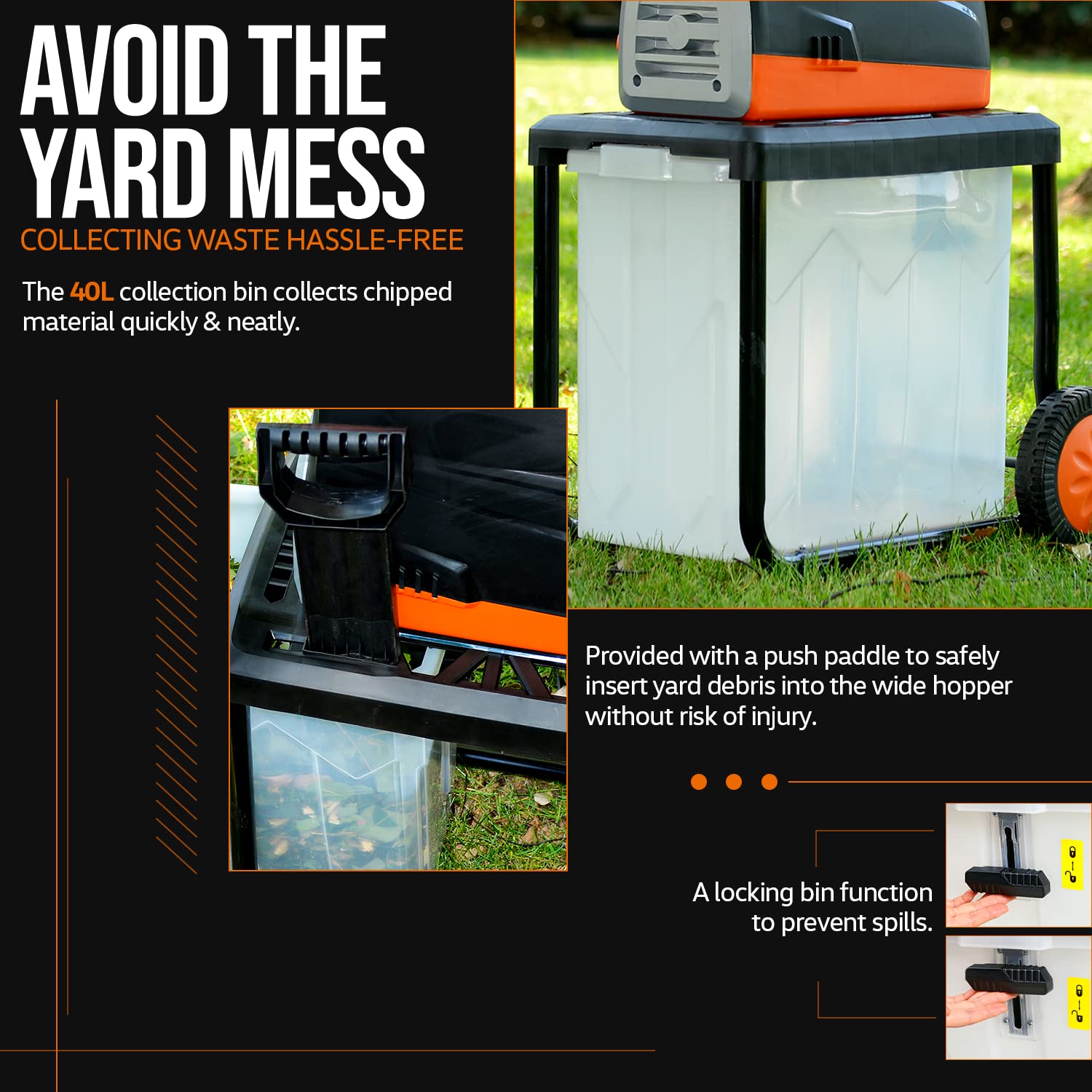 SuperHandy Wood Chipper Silent Ultra Quiet Electric 14.5-Amp 1800Watt 120VAC 1.5-1.7 Inch Max Capacity 17:1 Reduction 40L Collection Bin for Fire Prevention and Firebreaks
