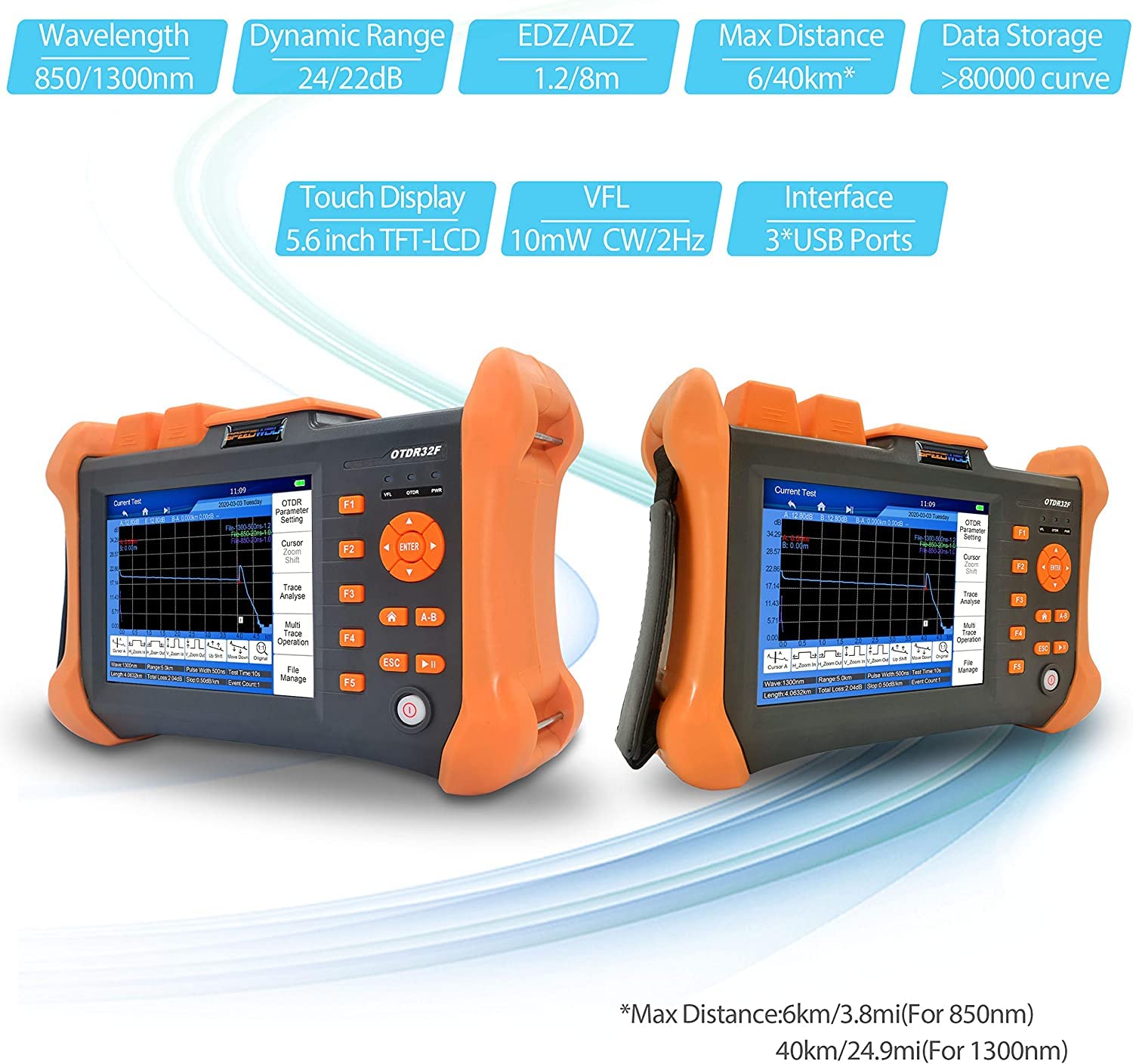 SPEEDWOLF 850/1300nm 24/22dB Multimode OTDR 5.6inch Touch Screen FTTH Fiber Optic Cable Tester with Visual Fault Locator(VFL) and FC+SC+FC/UPC(Male)-LC(UPC+APC)(Female) Adapter(OTDR32F-T1-MD-1)