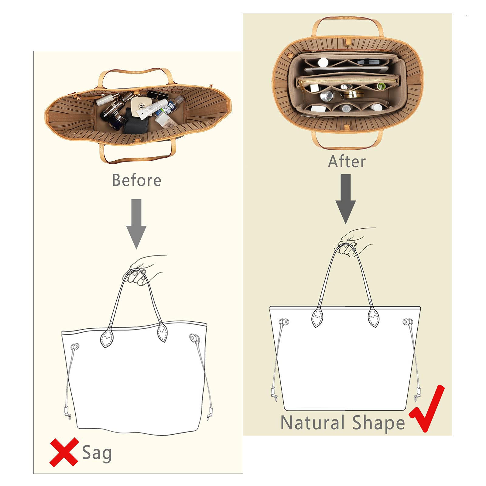 ZTUJO Purse Organizer, Tote Organizer For Speedy Neverful Graceful (Beige, Slender Medium)