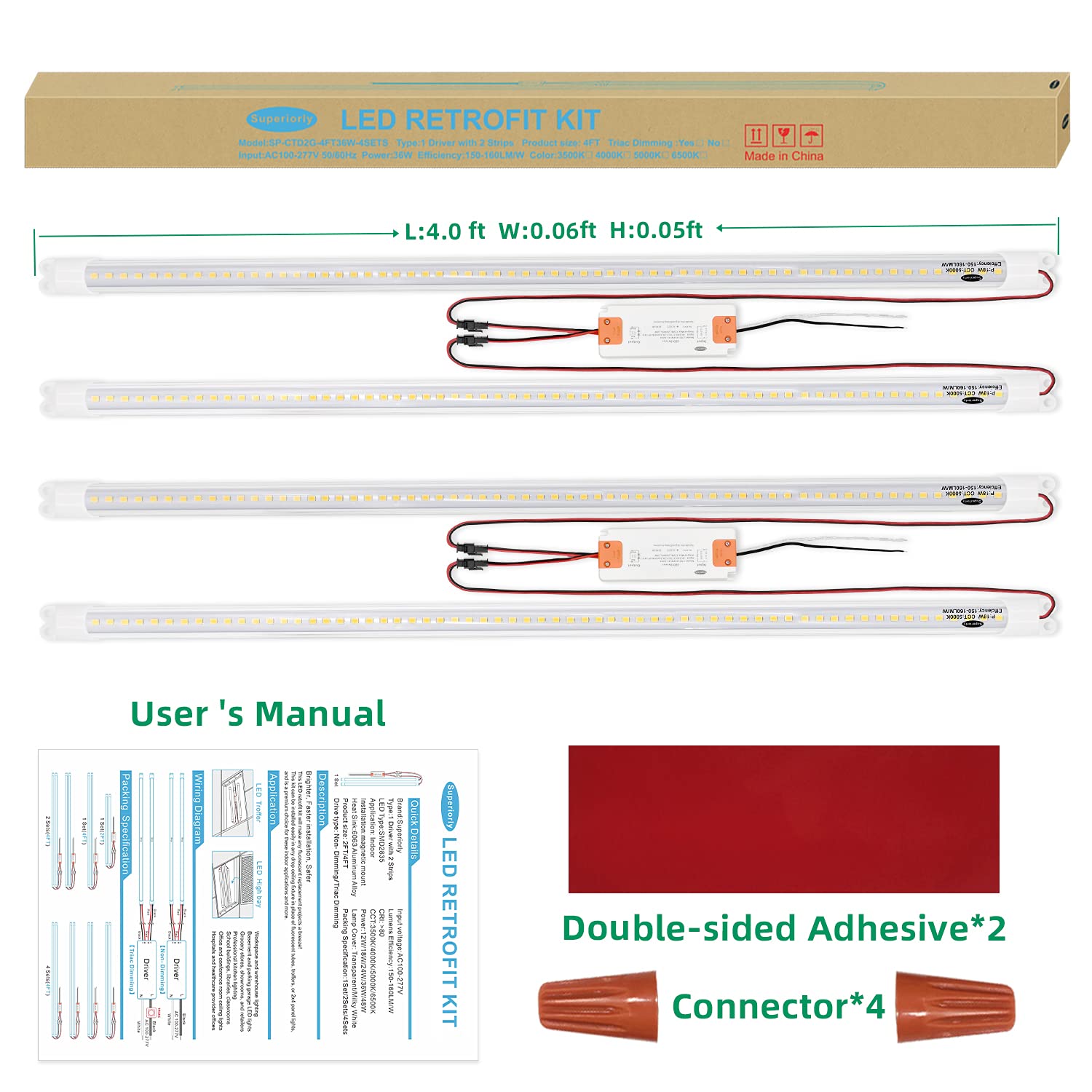 Superiorly 2 Pack Magnetic Mount 4 Foot LED Tube, 36W, 5400LM Super Bright, 5000K Daylight White, Panel Light Retrofit Kit, T8 T10 T12 8 T10 T12 Fluorescent Replacement, Crystal White, Easy to install