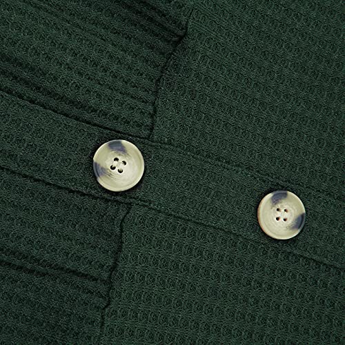 Waffle Swing Dress for Women Deep V Neck Long Sleeve Ruched Dress Solid Color Button Pockets Loose Dress