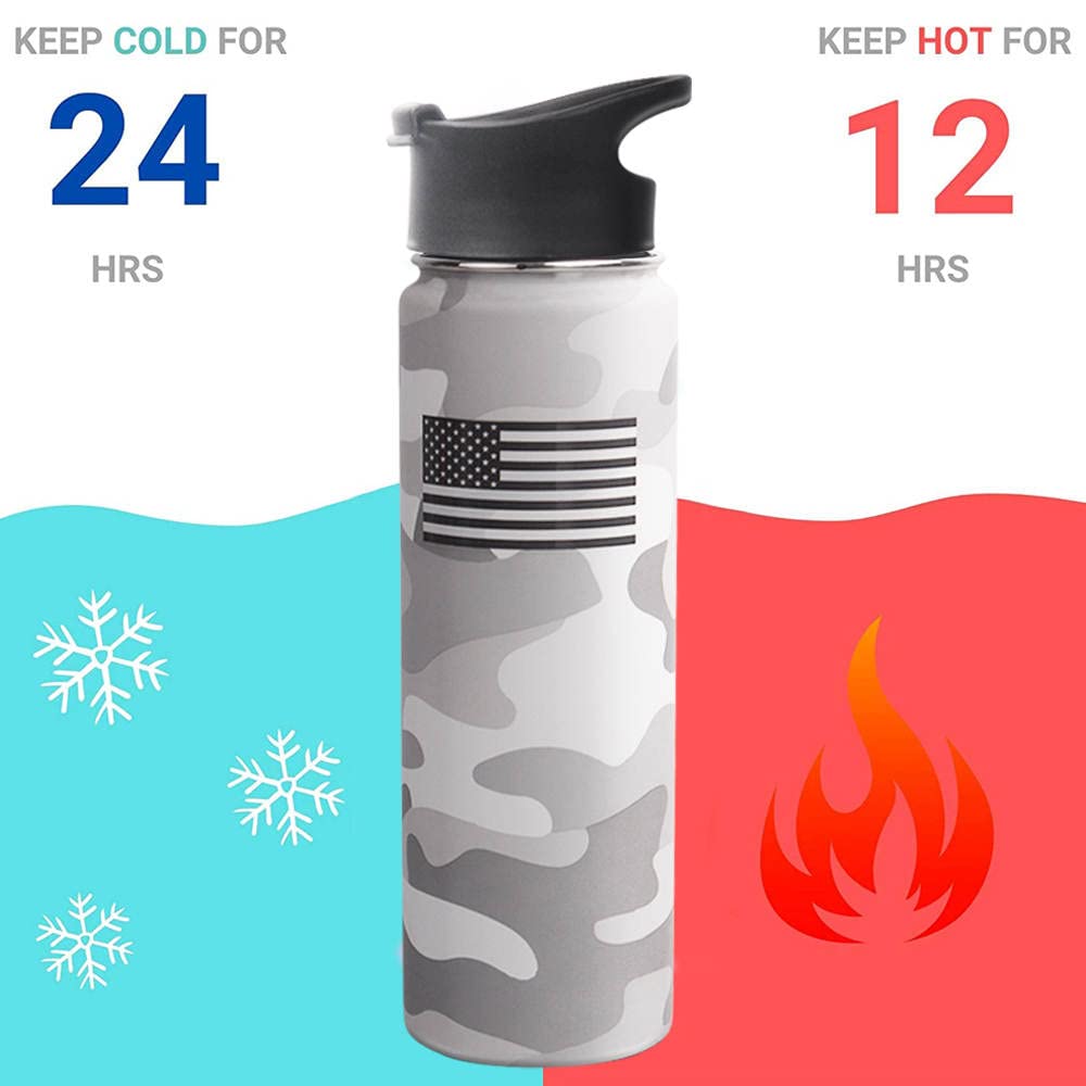 USA Collection 24 oz Stainless Steel Water Bottle - Double-Walled, Vacuum-Sealed, Leak-Proof Lid - Hot or Cold Hydration for Sports, Travel, and Everyday Use - White Multicam Pattern
