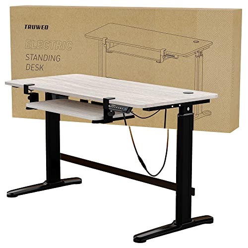 Truweo Adjustable Electric Standing Desk – 50 x 23.6 inches Sit to Stand Office Desk with Cable and Sliding Keyboard Tray – 3 Controlled Memory Height Settings – Anti-Scratch Surface – Grey