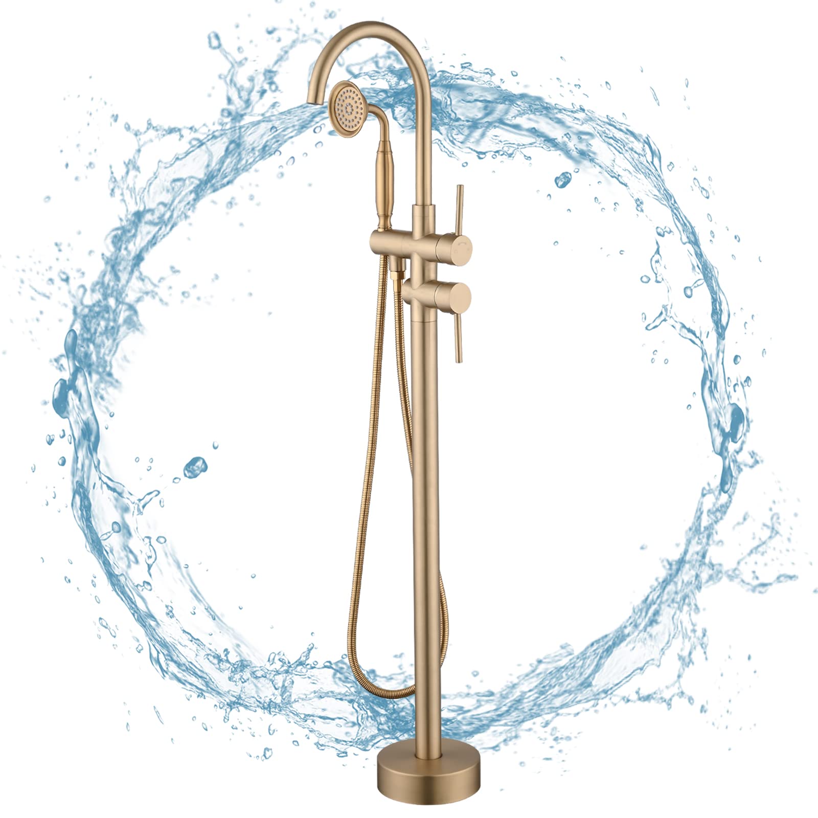 PROOX Freestanding Bathtub Faucet Floor Mounted, High Flow Free Standing Tub Filler with Hand Sprayer, Swivel Spout - Brushed Gold