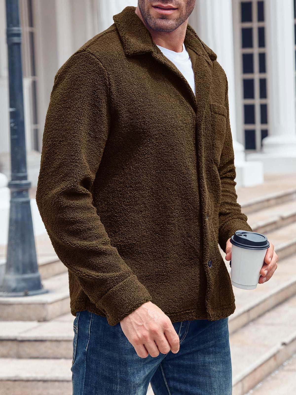 Runcati Mens Fleece Sherpa Jacket Button Down Fall Winter Casual Lightweight Fuzzy Shacket