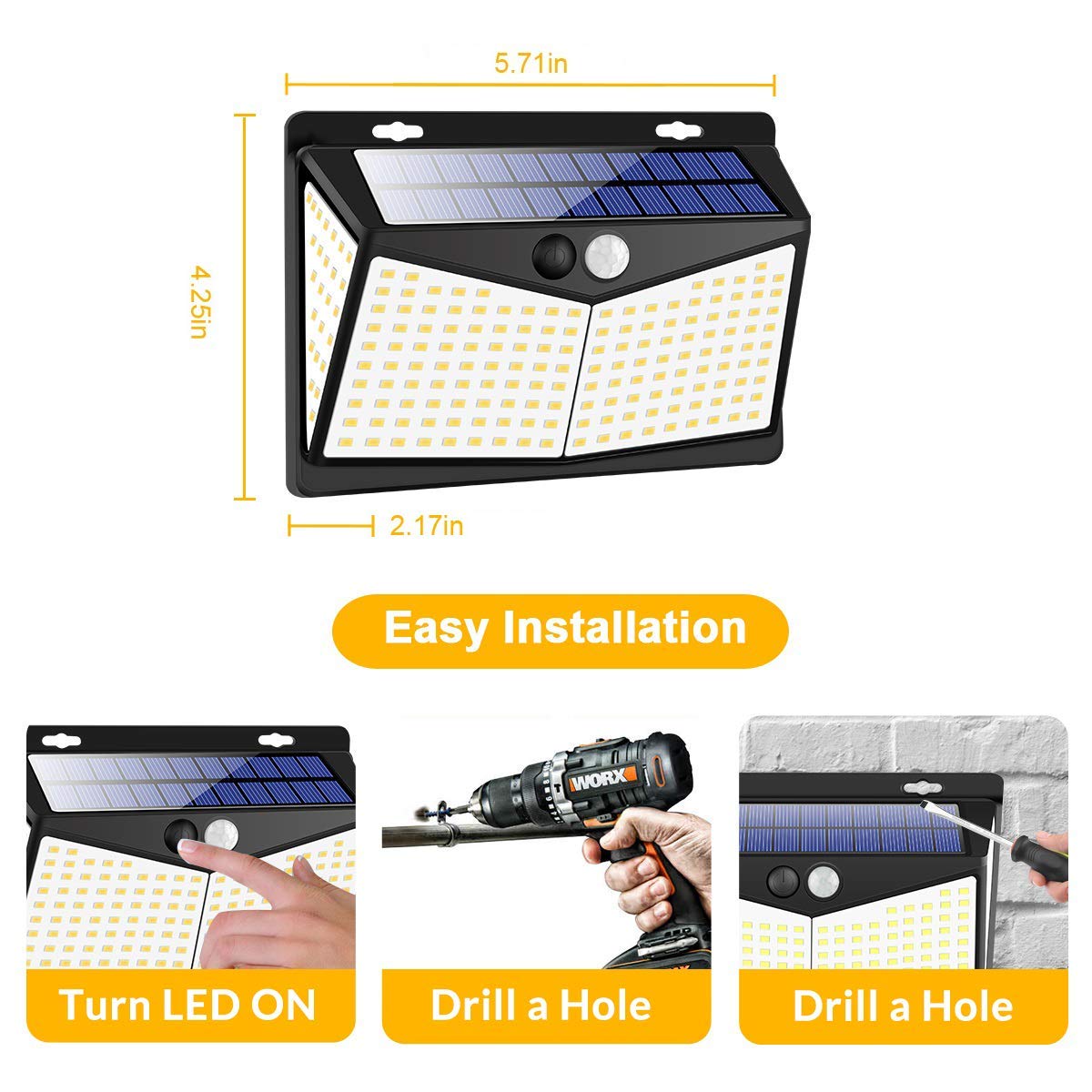 Seed Alarm Solar Lights Outdoors 208 LED/3 Modes, Security Motion Sensor Night Lights, Wire-Free, IP65 Waterproof, Solar LED Light for Garden, Fence, Patio, Garage and Stairs (2 Pack)