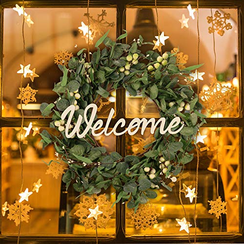 Welcome Wreath Decorations Artificial Eucalyptus Leaves Decorations Wreath Christmas Wreath Holiday Decor with Welcome Wood Board and Plastic Hooks for Home Window Wall Farmhouse Indoor Outdoor