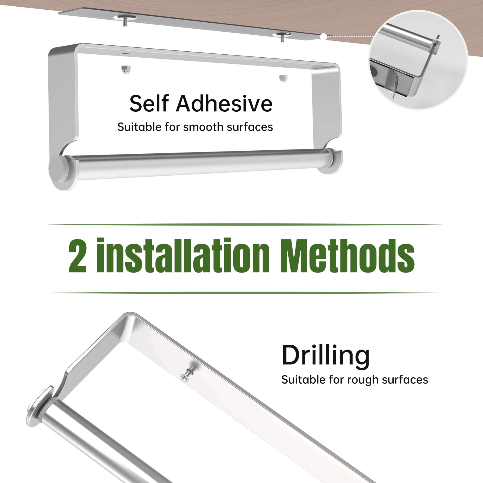 URALFA Adhesive Paper Towel Holder Under Cabinet, Paper Towel Rack Self-Adhesive or Drilling Wall Mounted for Kitchen Towels Holder, Paper Roll Holder for Bathroom, Kitchen, Pantry, Sink (Silver)