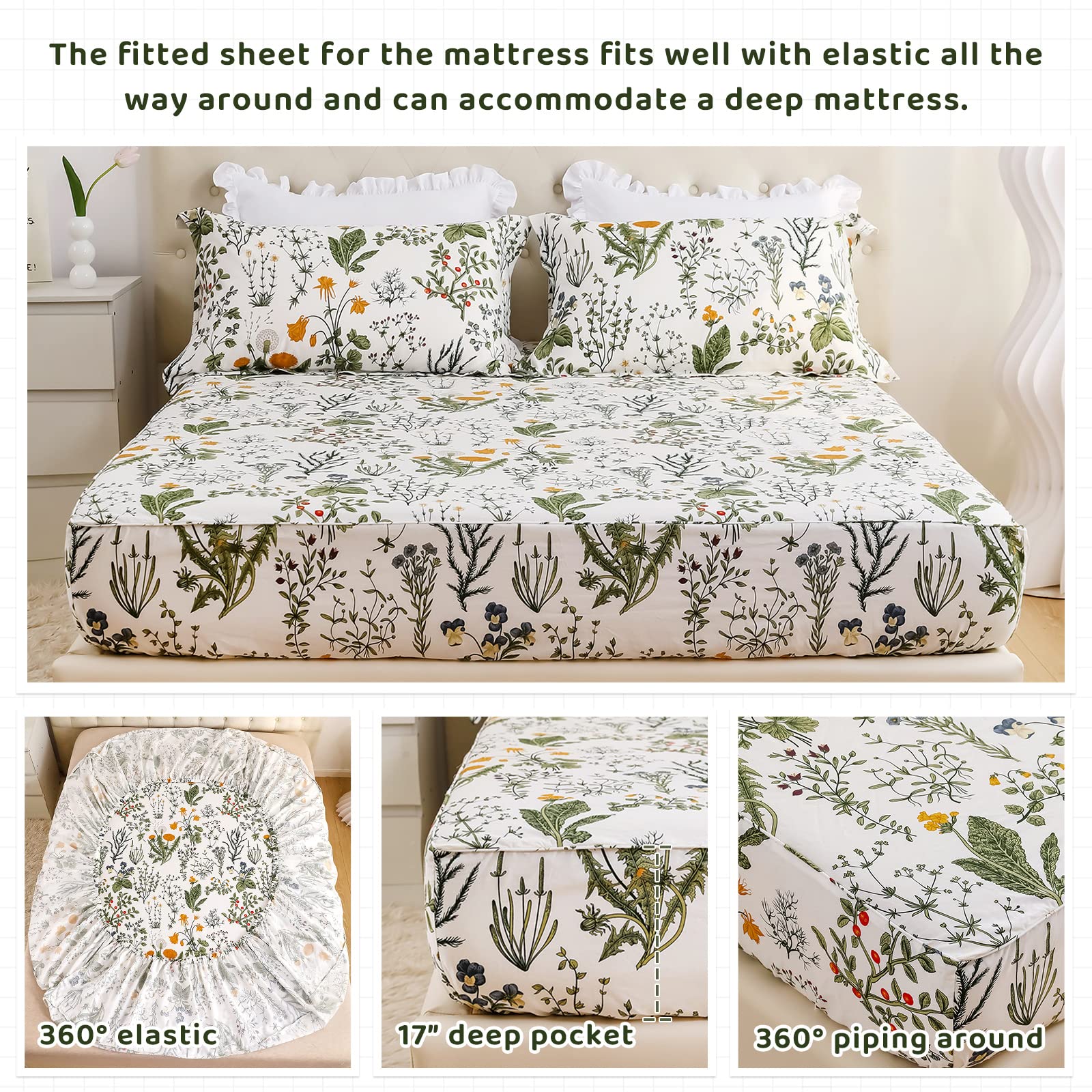 QSH 100% Cotton Sheets for Queen Size Bed, Yellow Flowers Plant Pattern Botanical Luxury Cotton Printed Floral Bedding Sheets Queen Soft and Breathable 4pcs Deep Pocket Queen Sheet Set