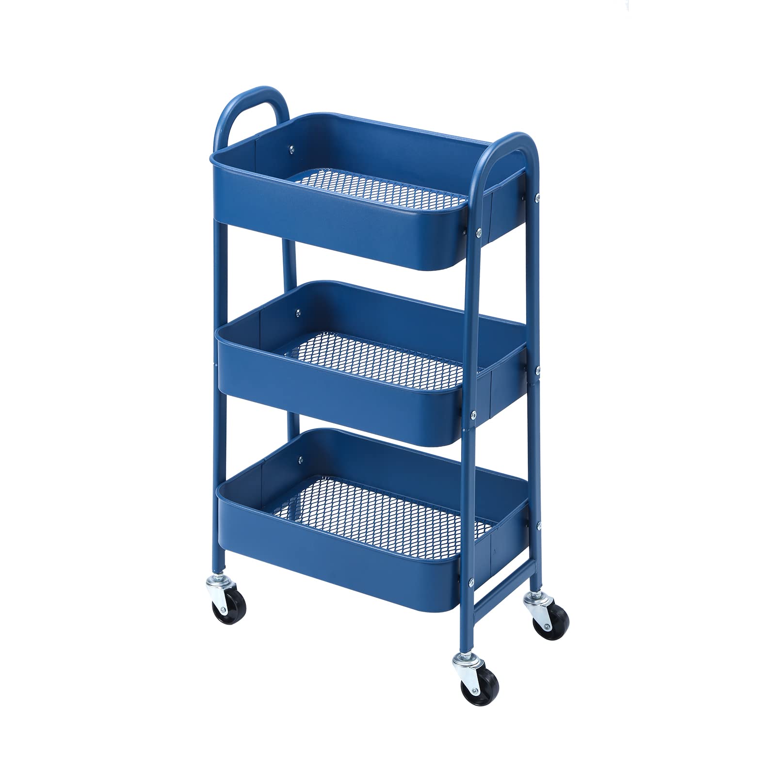 WELL-STRONG Metal Storage Trolley - 3-Tier Rolling Cart with Lockable Wheels - Multi-Purpose Utility Cart with Handle - Mobile Shelving Organizer for Bathroom, Office, Kitchen, Bedroom Navy Blue