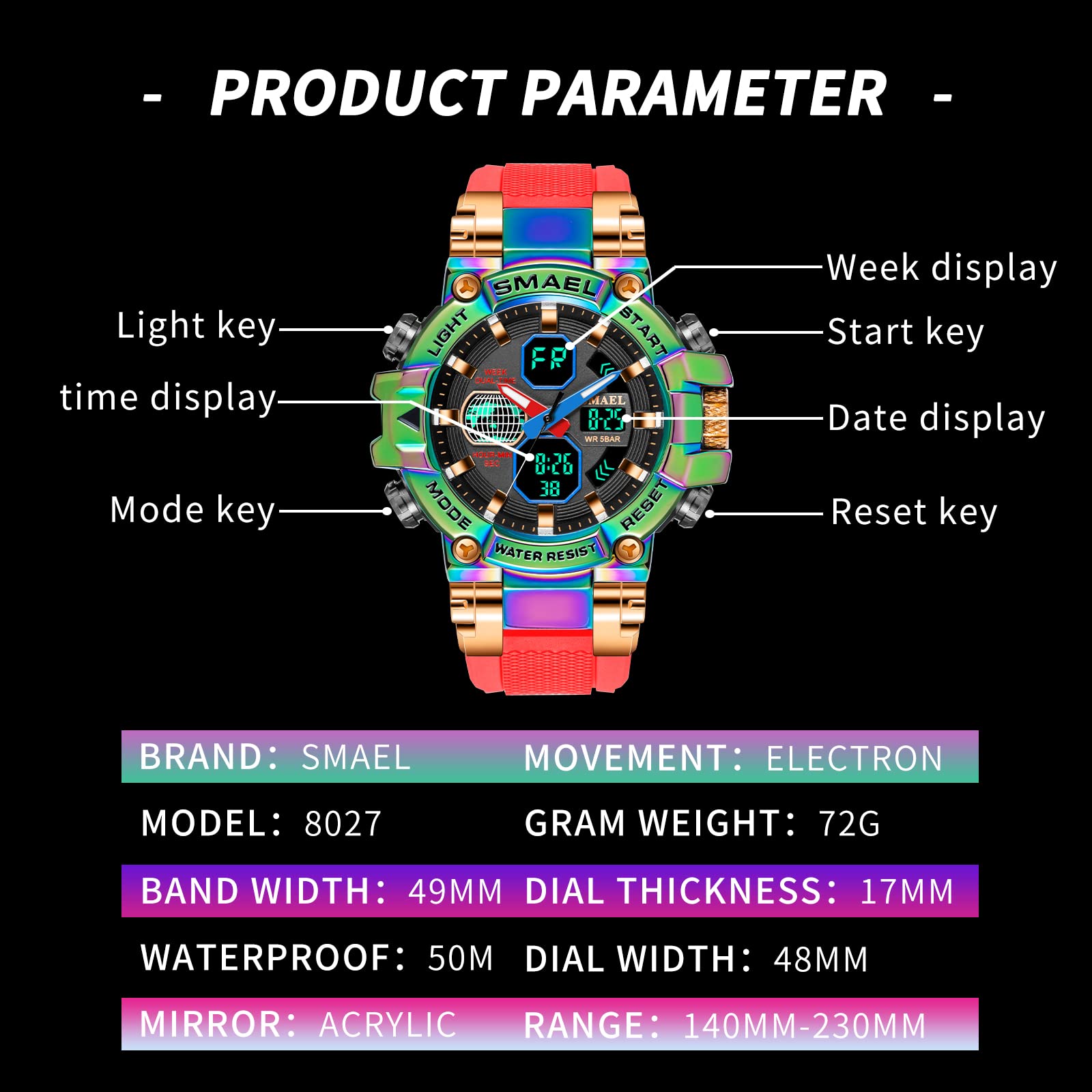 SMAEL Watch 8027 Water Resistant Alloy Watch Sport Analog Digital Quartz Watch Colorful Case (Red)