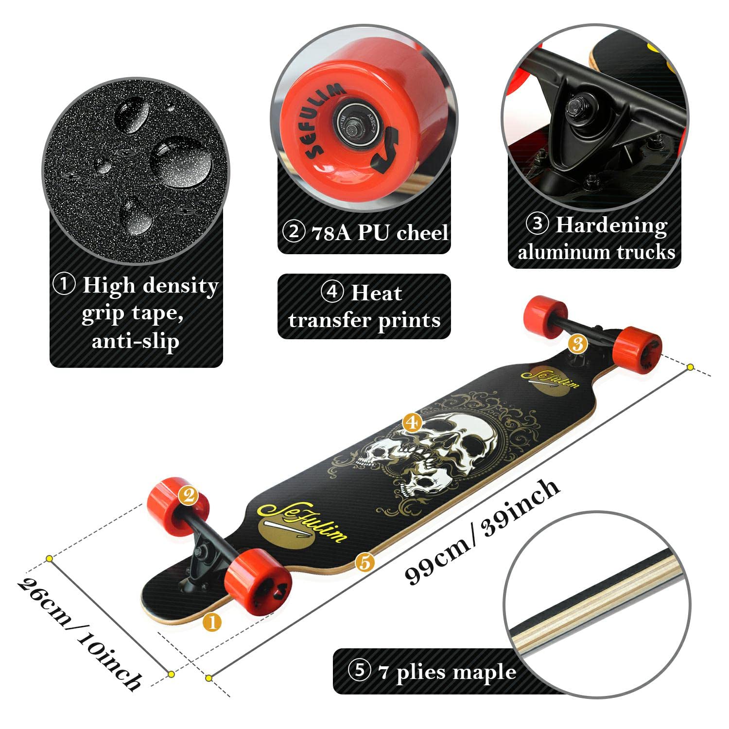 Sefulim Skull Longboard Skateboard, 41 Inch Deck Complete Maple Cruiser Freestyle Longboard Skateboard for Kids Teen Boys Girls Beginners