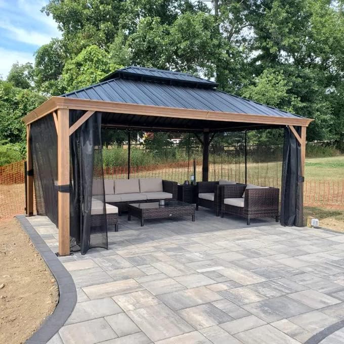 PURPLE LEAF 12' X 16' Outdoor Hardtop Gazebo for Patio Galvanized Steel Double Roof Permanent Canopy Aluminum Frame pavilion Gazebo with Netting