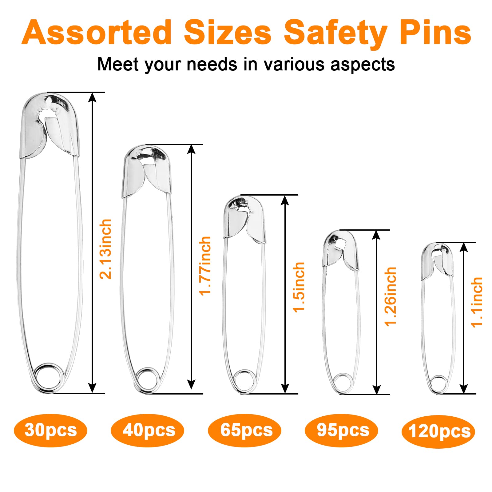 Safety Pins Assorted, Hiidayy 350PCS Nickel Plated Steel Large Safety Pins Heavy Duty, 5 Different Sizes Safety Pin, Safety Pins Bulk (Silver)