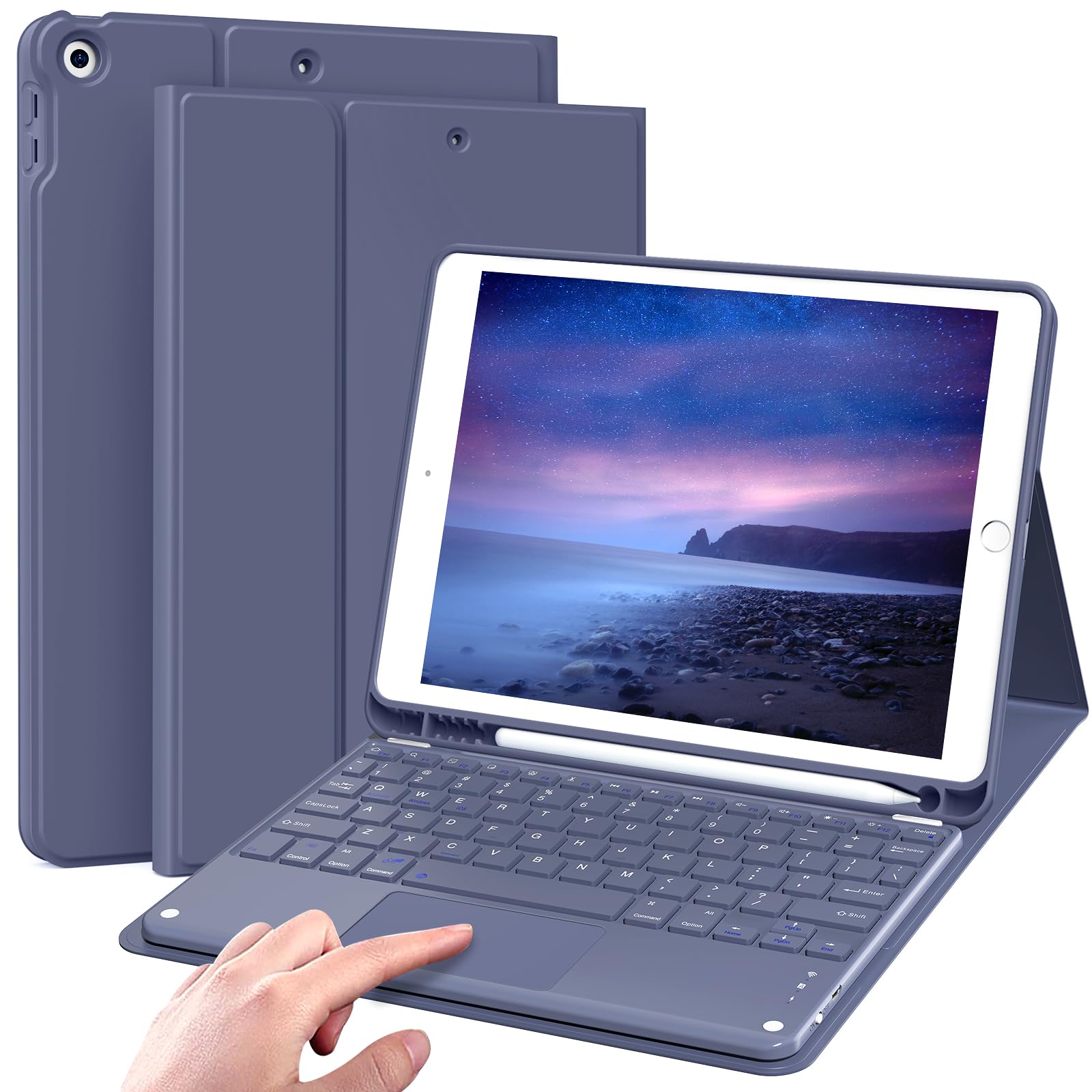 PDGSHMB Keyboard Case for iPad 9th 2021 / iPad 8th 2020 / iPad 7th Generation 2019 Case with Pencil Holder/Touchpad-Magnetically Detachable Bluetooth Keyboard Smart Cover for iPad 10.2 Inch, (Purple)