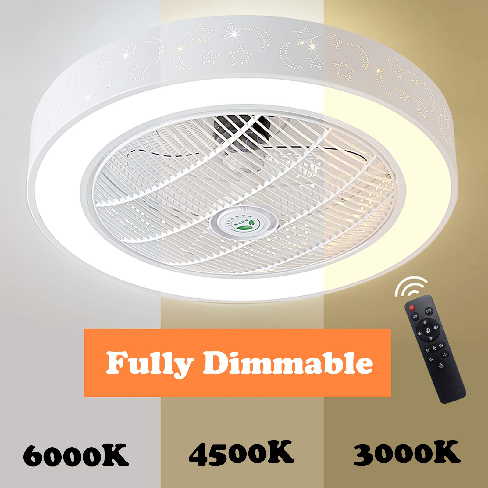 WenineStar Ceiling Fan with Lights, Remote Control Fully Dimmable Caged LED Fixture, Semi Flush Mount Enclosed Ceiling Fan for Low Profile Ceiling Room (22in, White)