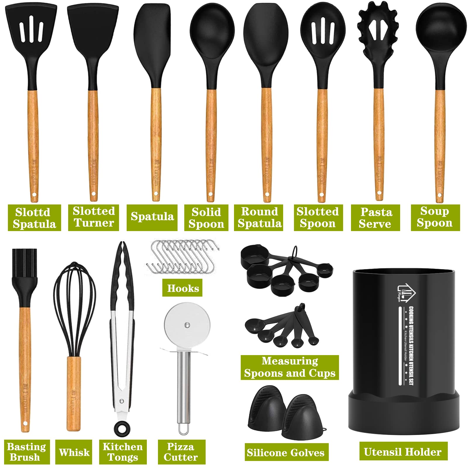 Silicone Kitchen Cooking Utensil Set, Fungun 35 Pcs Kitchen Utensils Spatula Set with Utensil Holder for Nonstick Cookware, BPA Free Cooking Utensils, Kitchen Tools Gift (Black)