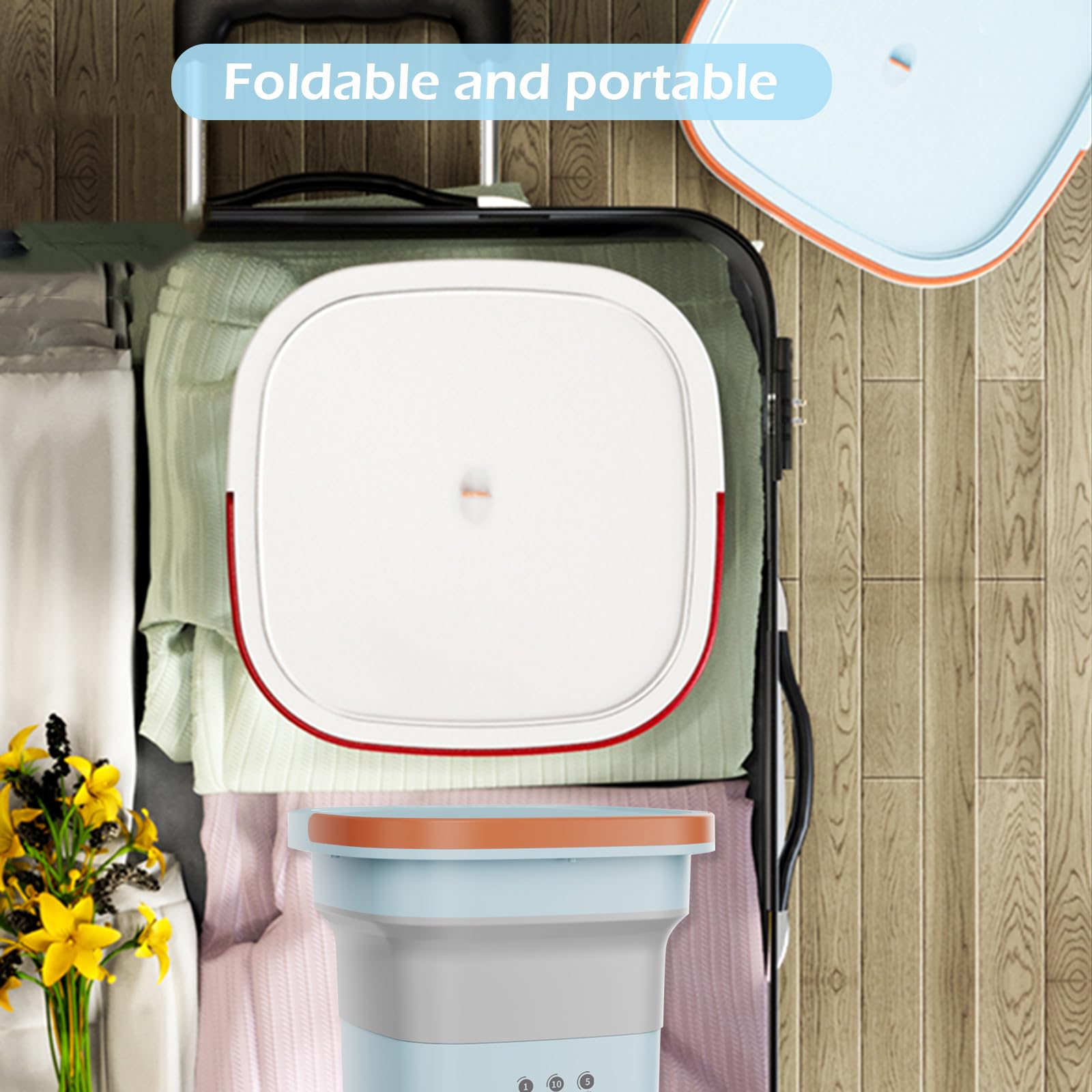 TTSITG Portable Washing Machine, 6 L 3-Speed Adjustment Mini Foldable Washer with Drain Basket USB Compact Outdoor Washing Machine for Underwear, Sock, Suitable Travel, Camping,Apartments (Blue)