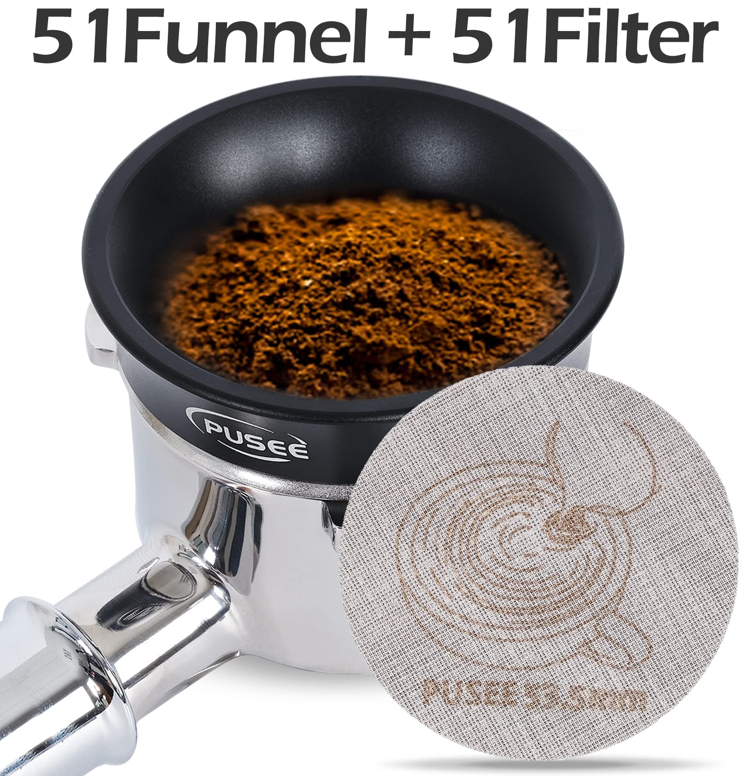 PUSEE 51mm Espresso Dosing Funnel & 51mm Puck Screen, Magnetic Coffee Dosing Ring Aluminum Metal,Reusable 1.7mm Thickness 150μm Espresso Puck Screen 316 Stainless Steel Fits 51mm Portafilter