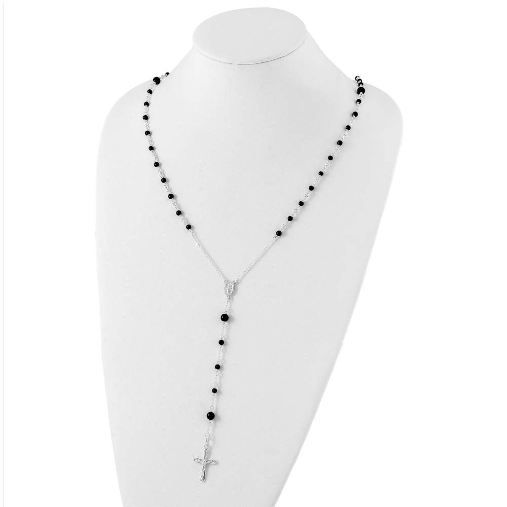 Sterling Silver Polished Black Onyx Rosary Necklace QQH4998
