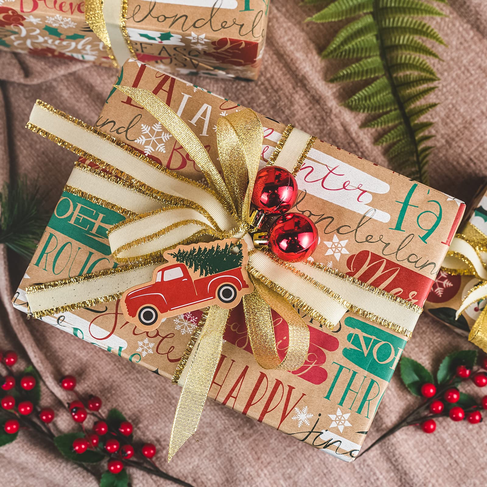 RUSPEPA Christmas Wrapping Paper, Kraft Paper - Christmas Tree, Snowflake and Seasonal Brocade Style Designs - 4 Rolls - 30 inches x 10 feet per Roll