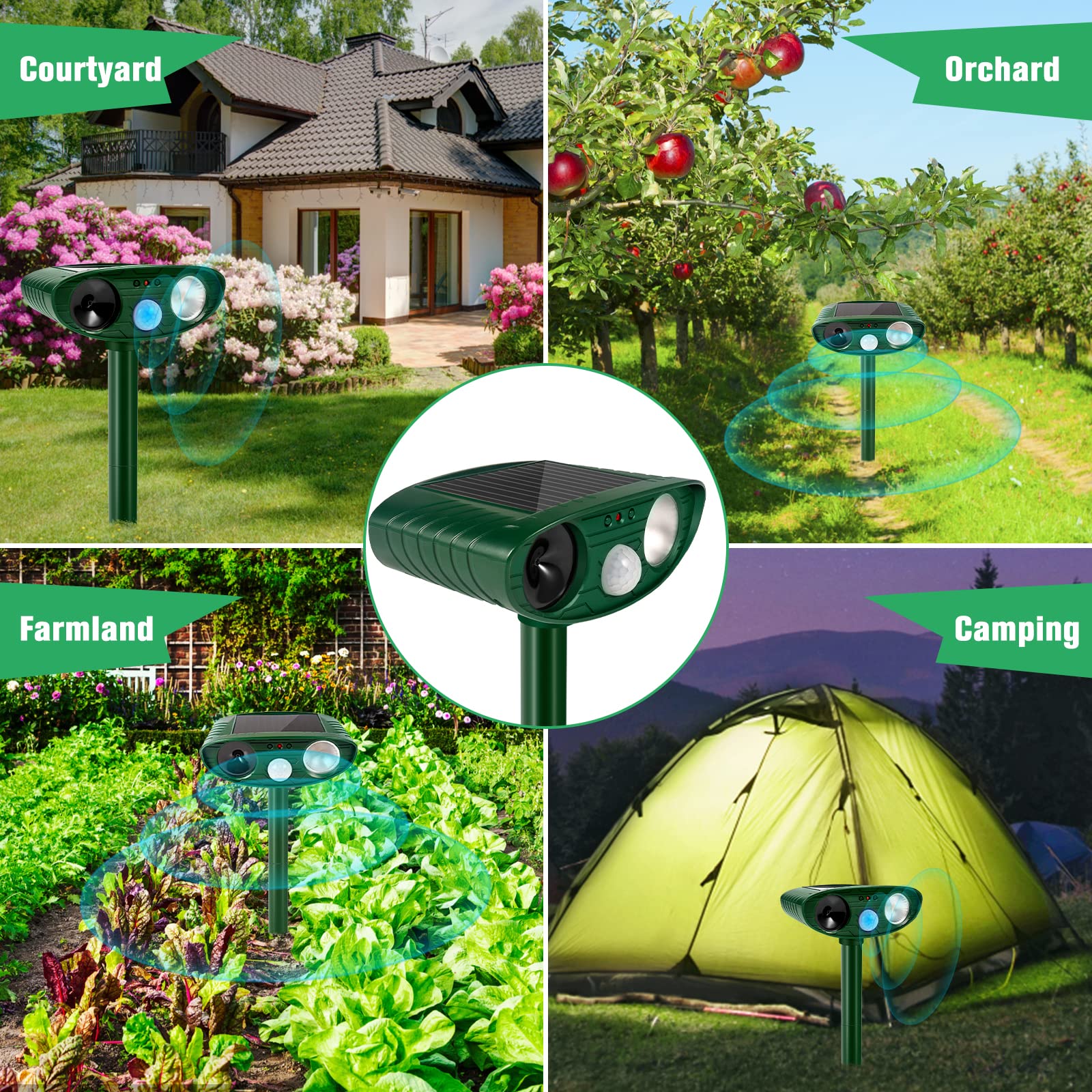 Ultrasonic Cat Deterrent, Solar Powered Deterrent Device with Motion Sensor and Flashing Light, Waterproof Device for Farm, Garden, Yard, Dogs, Birds