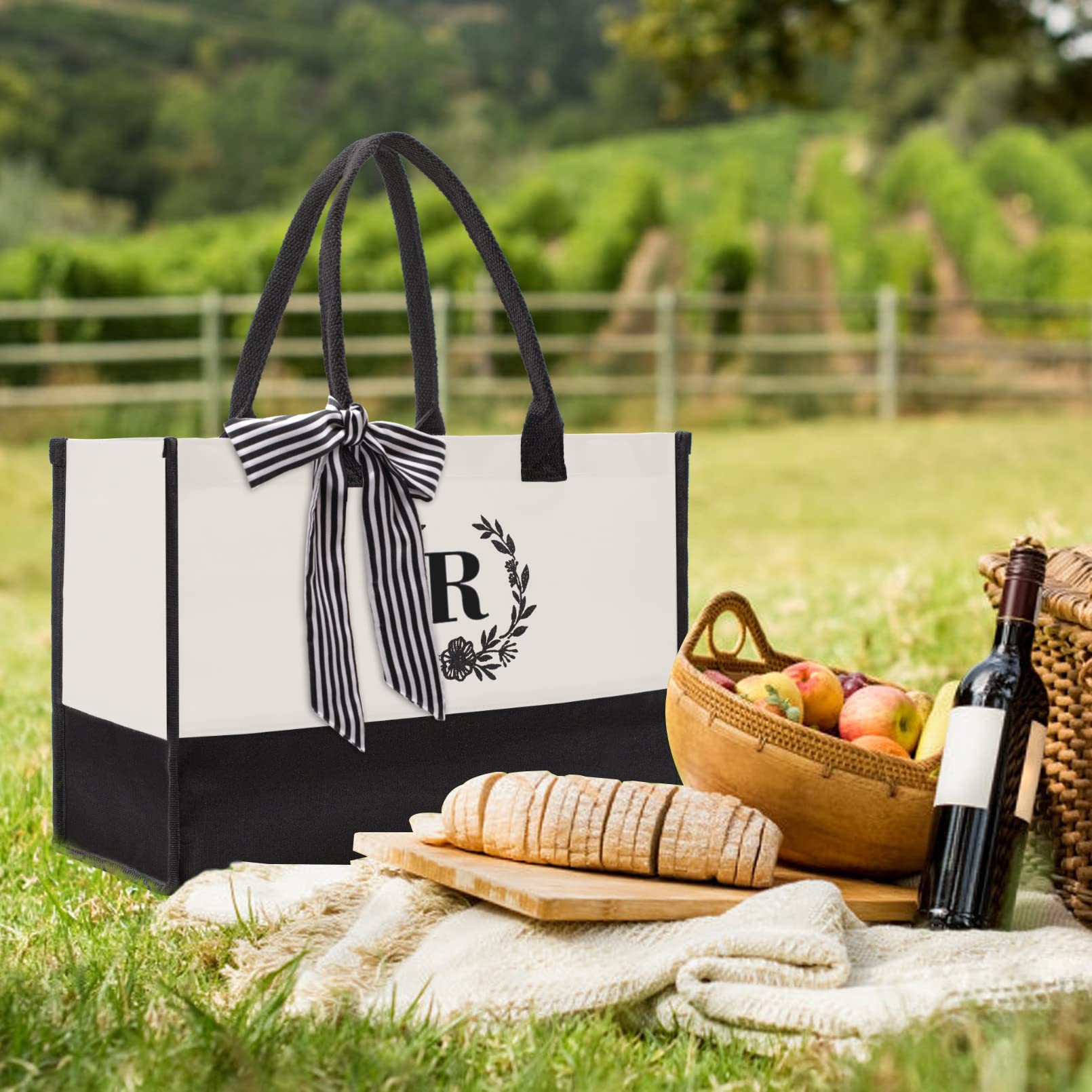 Personalized Initial Canvas Beach Bag,Monogrammed Gift Tote Bag for Women,Suitable for Wedding, Birthday, Beach, Holiday,Black and White Matching.Letter R
