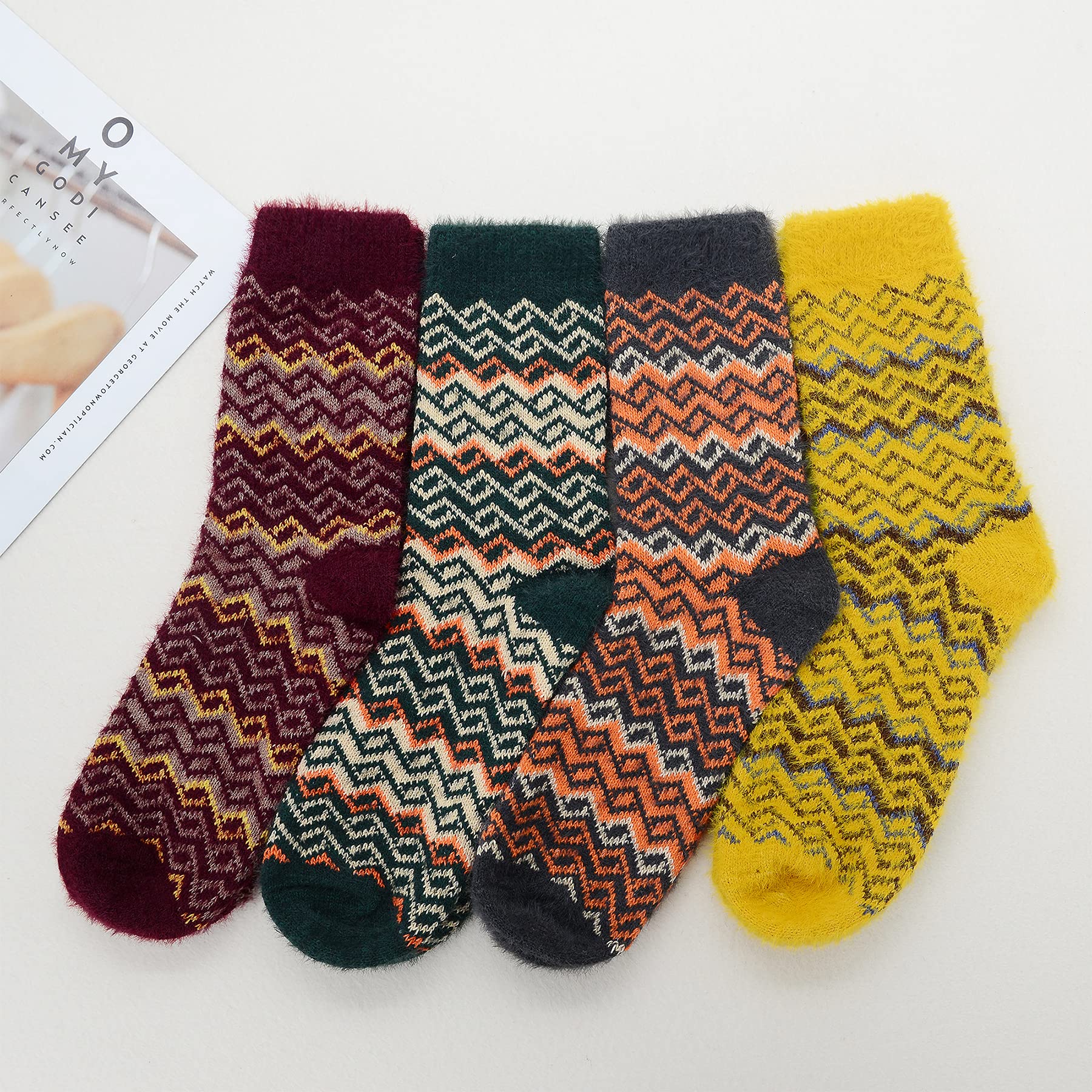 Zando Men's Wool Socks for Men Winter Cozy Warm Thick Socks Knit Pattern Dress Socks for Men Merino Crew Socks for Men Athletic Long Hiking Sock for Men Bright Pattern