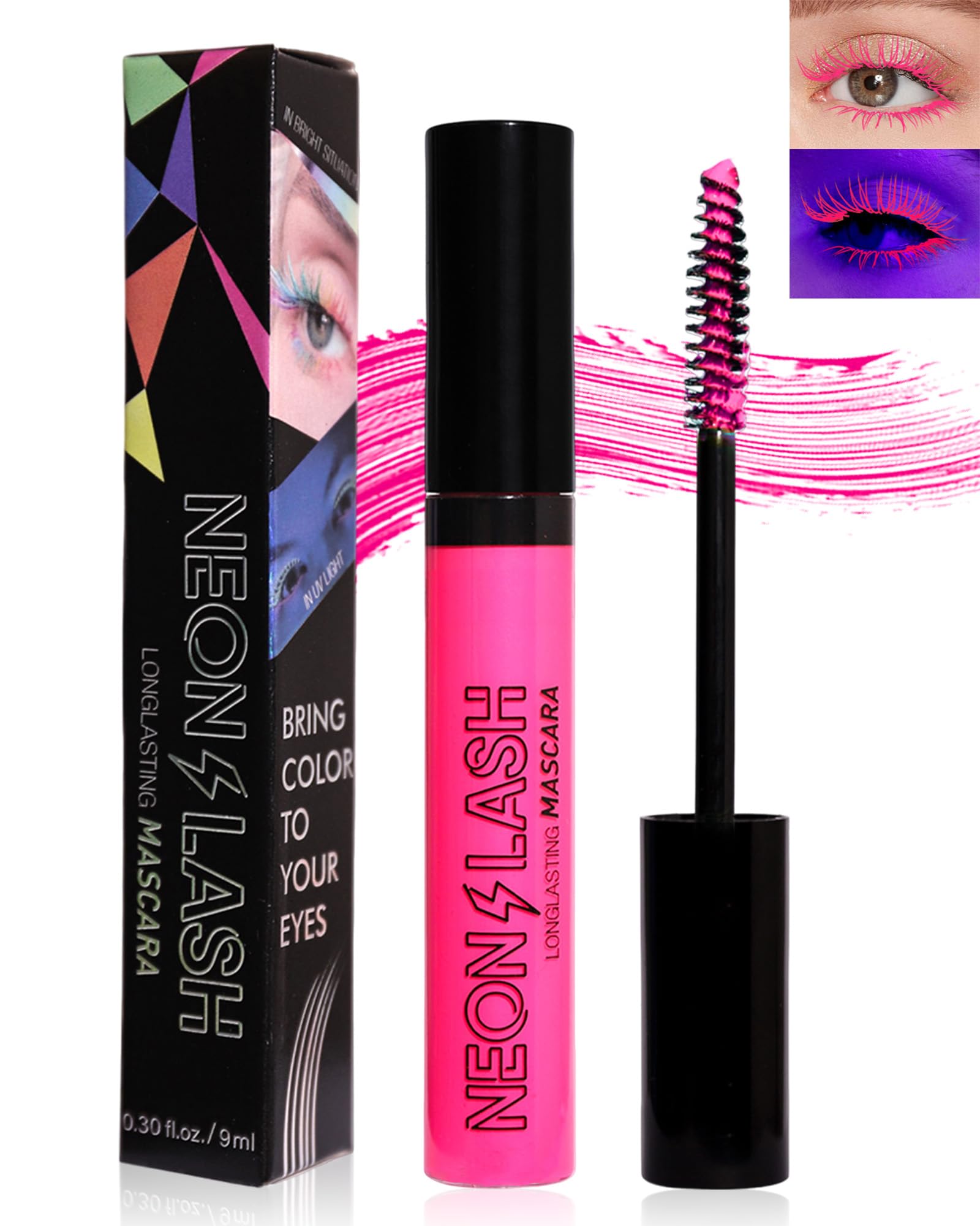 UV Glow Colored Mascara Volume and Length-1 Pcs Pink Waterproof Mascara for Eyelashes, Fast Dry Curling Non Clumping Mascara,Long Lasting Smudgeproof,for Christmas Party,Stage Use,Clubbing Makeup-04