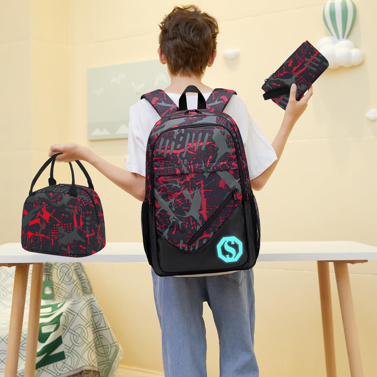 School Backpack for Boys Kids 3Pcs Teens Bookbag Elementary Backpacks Set with Lunch Box and Pencil Case