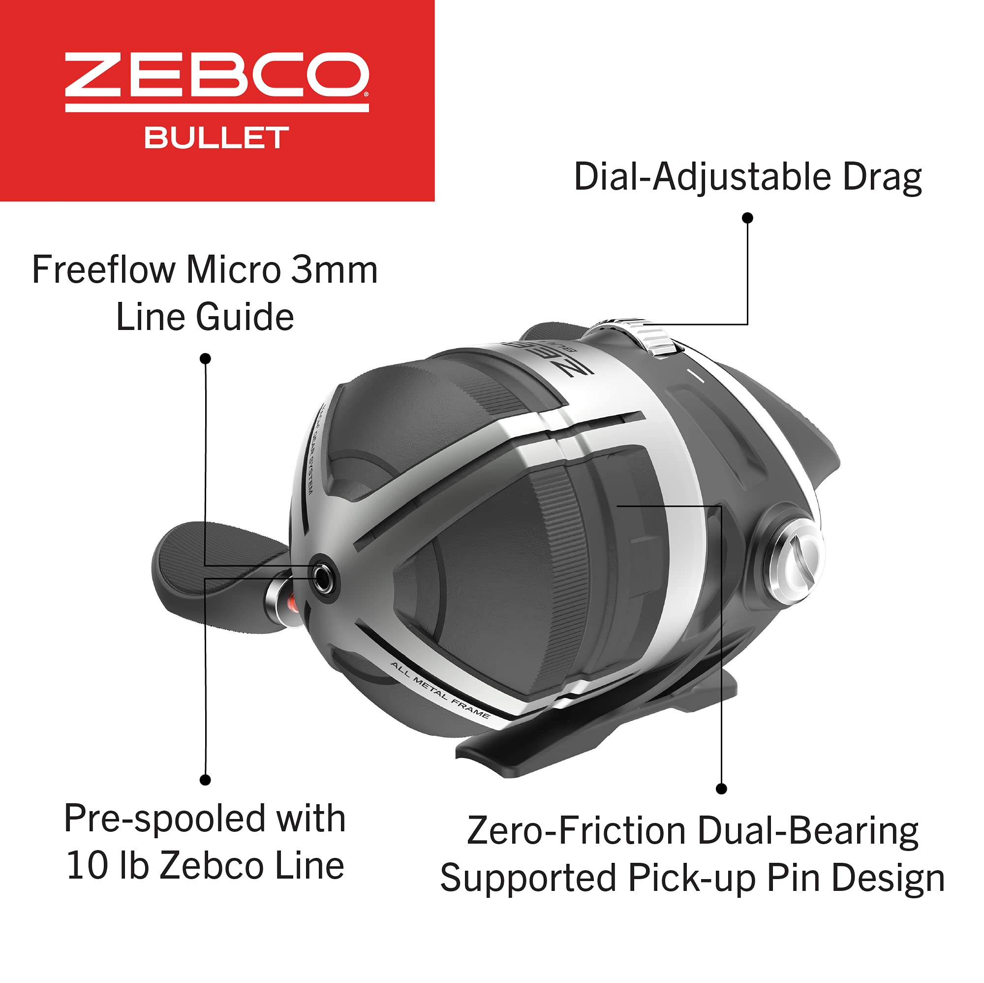 Zebco Bullet Spincast Fishing Reel, Size 30 Reel, Fast 29.6 Inches Per Turn, GripEm All-Weather Handle Knobs, Pre-Spooled with 10-Pound Zebco Fishing Line, Black, Clam Packaging