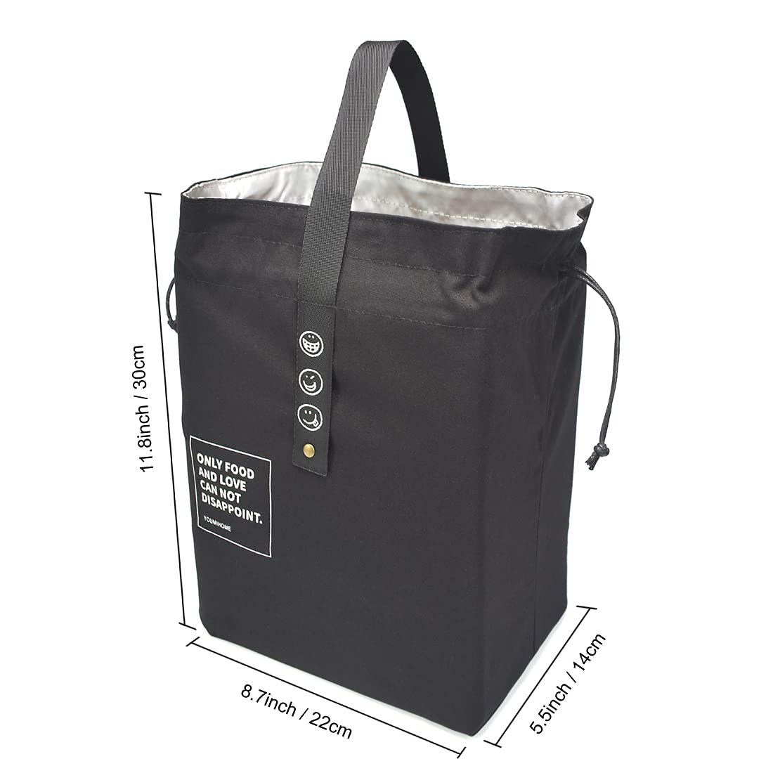 ZIIYAN Reusable Lunch Bag Insulated Handbag Tote bag with Handle and Drawstring Closure for Women Work Picnic or Travel (Black)
