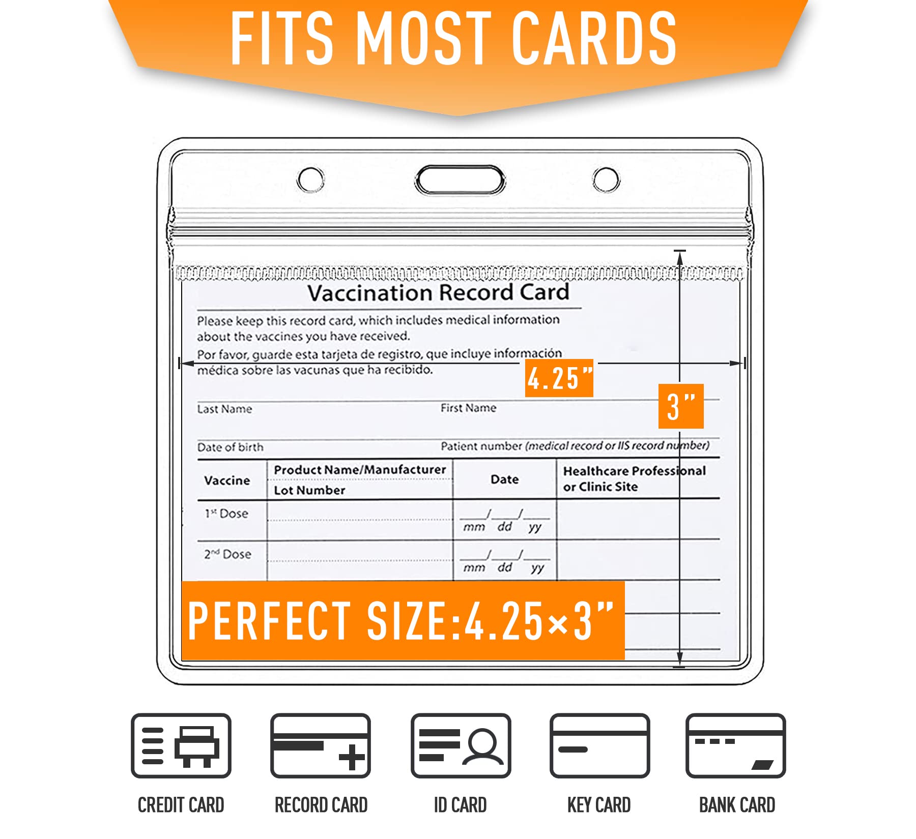 Waterproof Vaccination Card Protector, 5 Pack Plastic ID Holder for Vaccination Card Clear Plastic Card Sleeves with Hole Slots for Lanyards, Vax Document Holders with Resealable Zip, PVC - 4.25"x3"