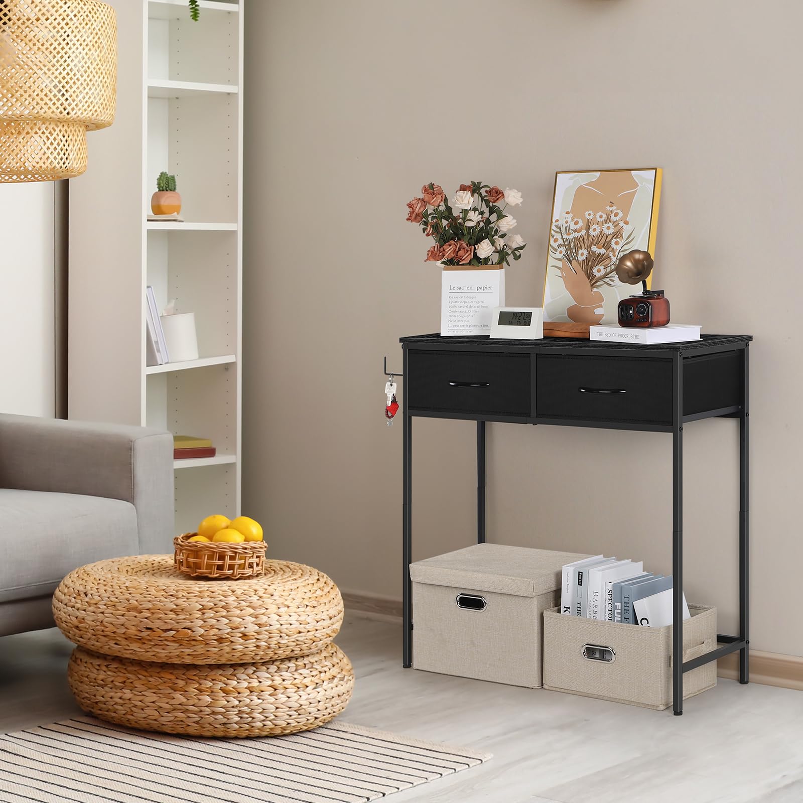 Small Entryway Table with 2 Drawers, Console Table with Storage, Rustic 31.5" Narrow Sofa Table Entrance Table for Hallway, Living Room, Foyer, Behind Couch Table with Storage and Fabric Drawers