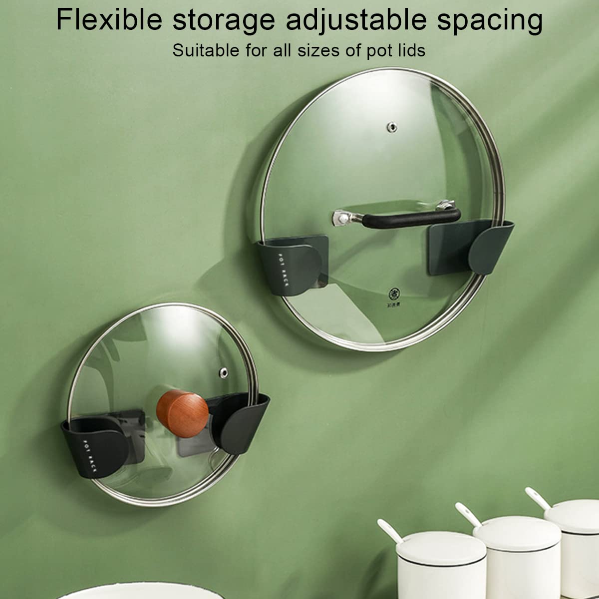 WATHFKCU 6 Pairs Pot Lid Holder for Cabinet Door,Adjustable Wall Mount Pot Lid Rack and Pan Organizer for Kitchen,Save More Space and Freely Adjustable Size(Black,Blue,Green)