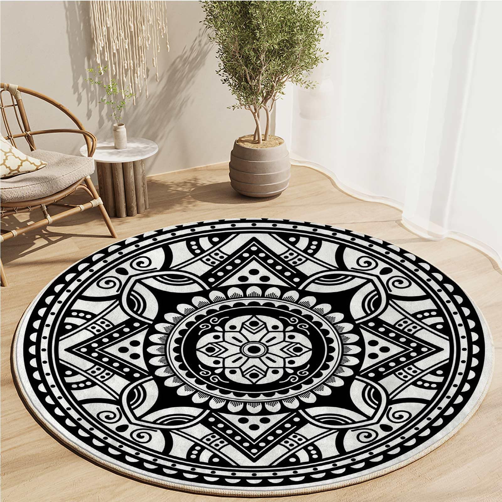 Round Office Desk Chair Mat Mandala Floor Protectors for Chairs Black and White Office Chair Mat for Hardwood/Tile Floor 2 FT