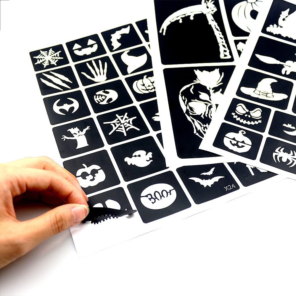 XMASIR 45Pcs Halloween Glitter Tattoo Stencil Kit for Kids,Halloween Pumpkin Stencils Temporary Tattoo Sticker Children Drawing Templates(3 Sheets)