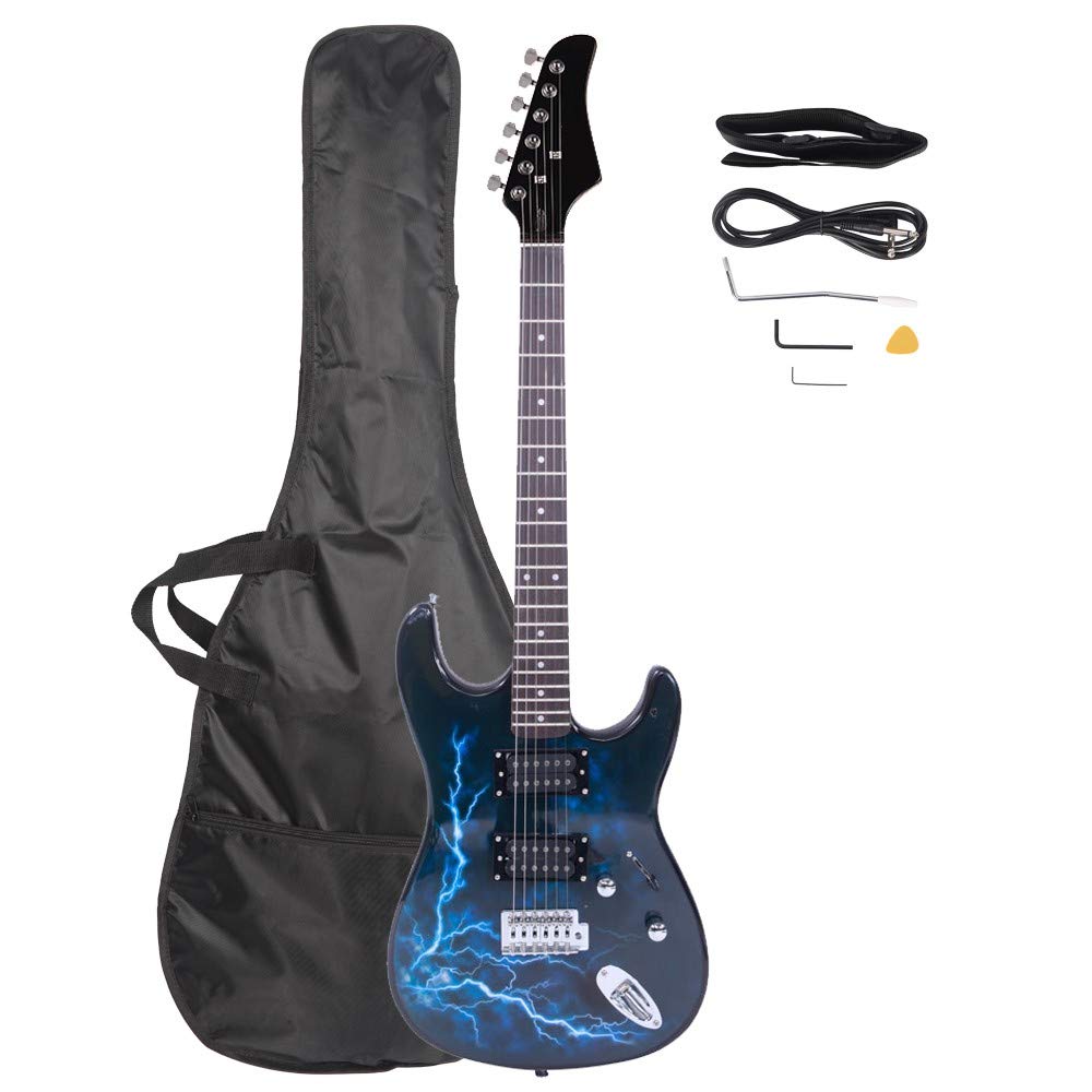 Waful 6 String Electric Guitar Beginner Kit, Solid Body Electric Guitar, Lightning Style Electric Guitar, Right Handed, with Power Cord/Strap/Bag/Plectrums Black & Dark Blue