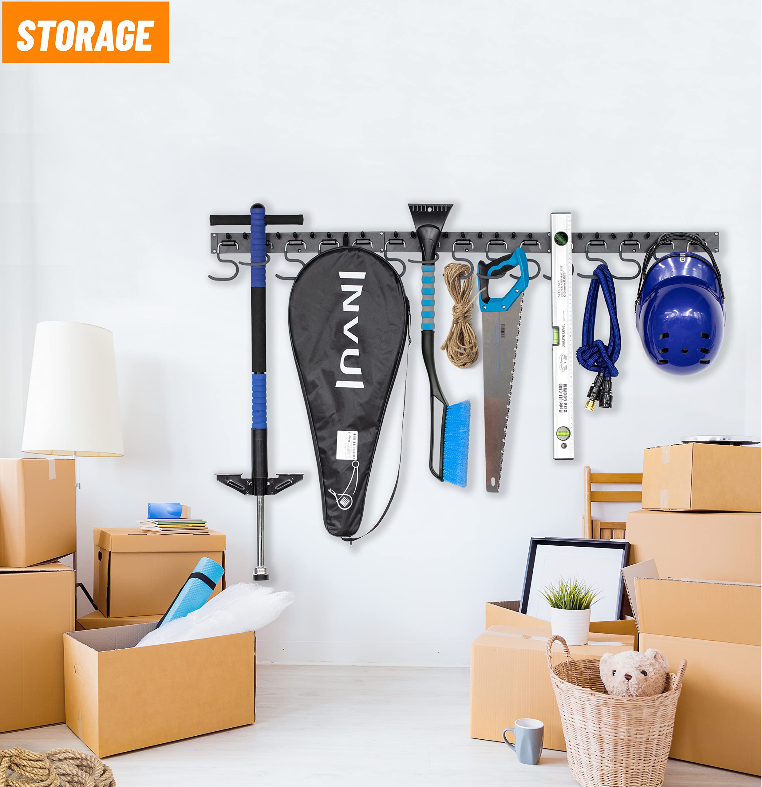 POETISKE Garage Tool Organizer Wall Mount 4PC, Garage Storage Shelving, Heavy Duty Wall Mount, 64" Extendable Racks, Ideal Hooks for Hanging Garden Tool, Mop Shovel Kitchen Yard Storage