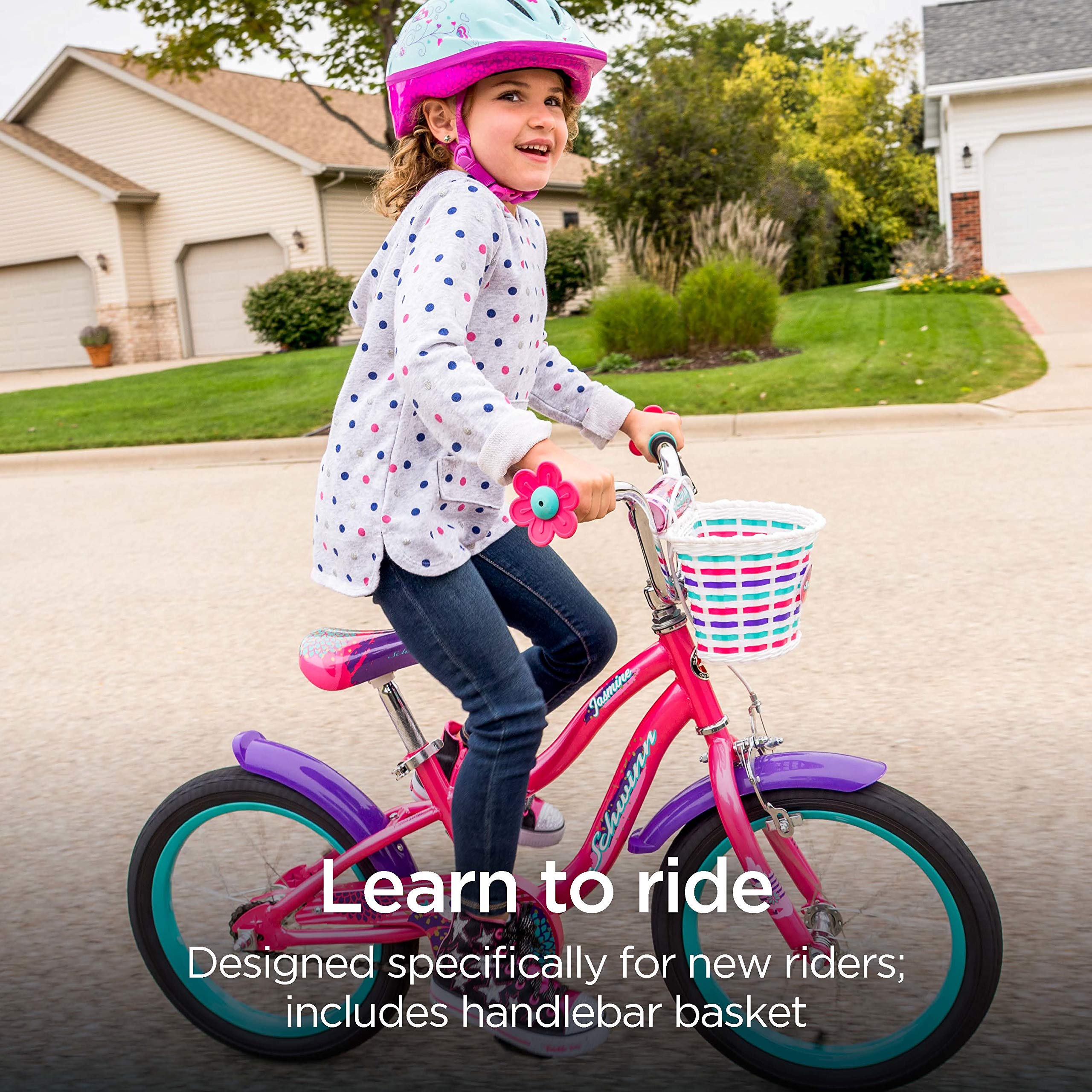 Schwinn Jasmine Kids Bike with Training Wheels, 16-Inch Wheels, Front Basket, Coaster and Hand Brakes, Pink