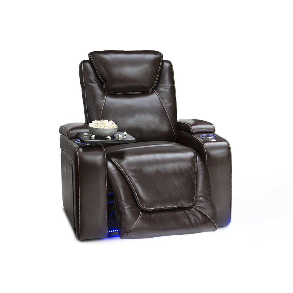 Seatcraft Equinox - Home Theater Seating - Living Room - Top Grain Leather - Power Recline - Powered Headrest and Lumbar Support - Arm Storage - USB Charging - Cup Holders - Single Recliner, Brown