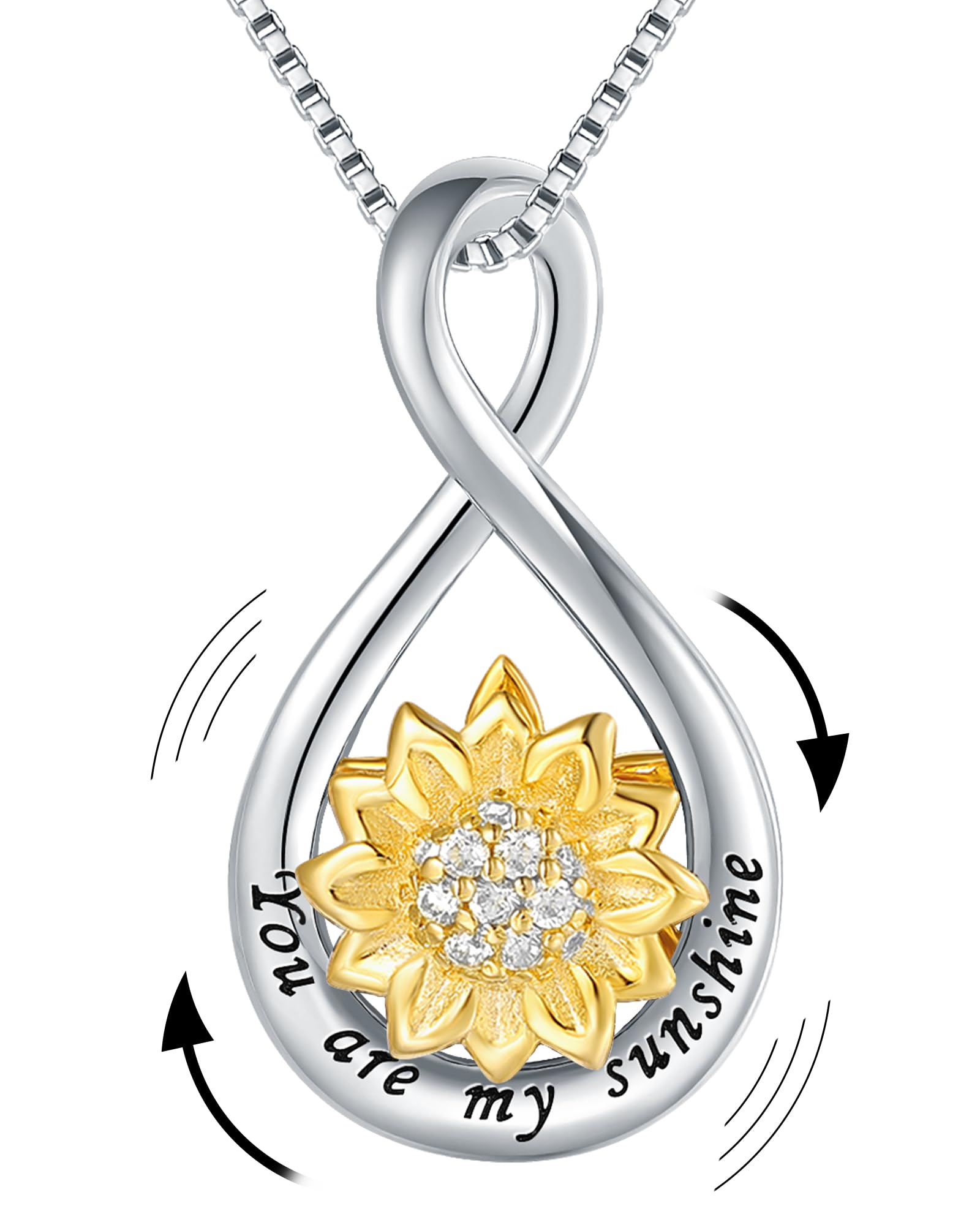 You are My Sunshine Necklace Sunflower Jewelry for Women - 925 Sterling Silver Infinity Spinner Sun Flower CZ Pendant Necklace Birthday Mother's Day Gifts for Couples Mother Daughter Chain 18"+2"