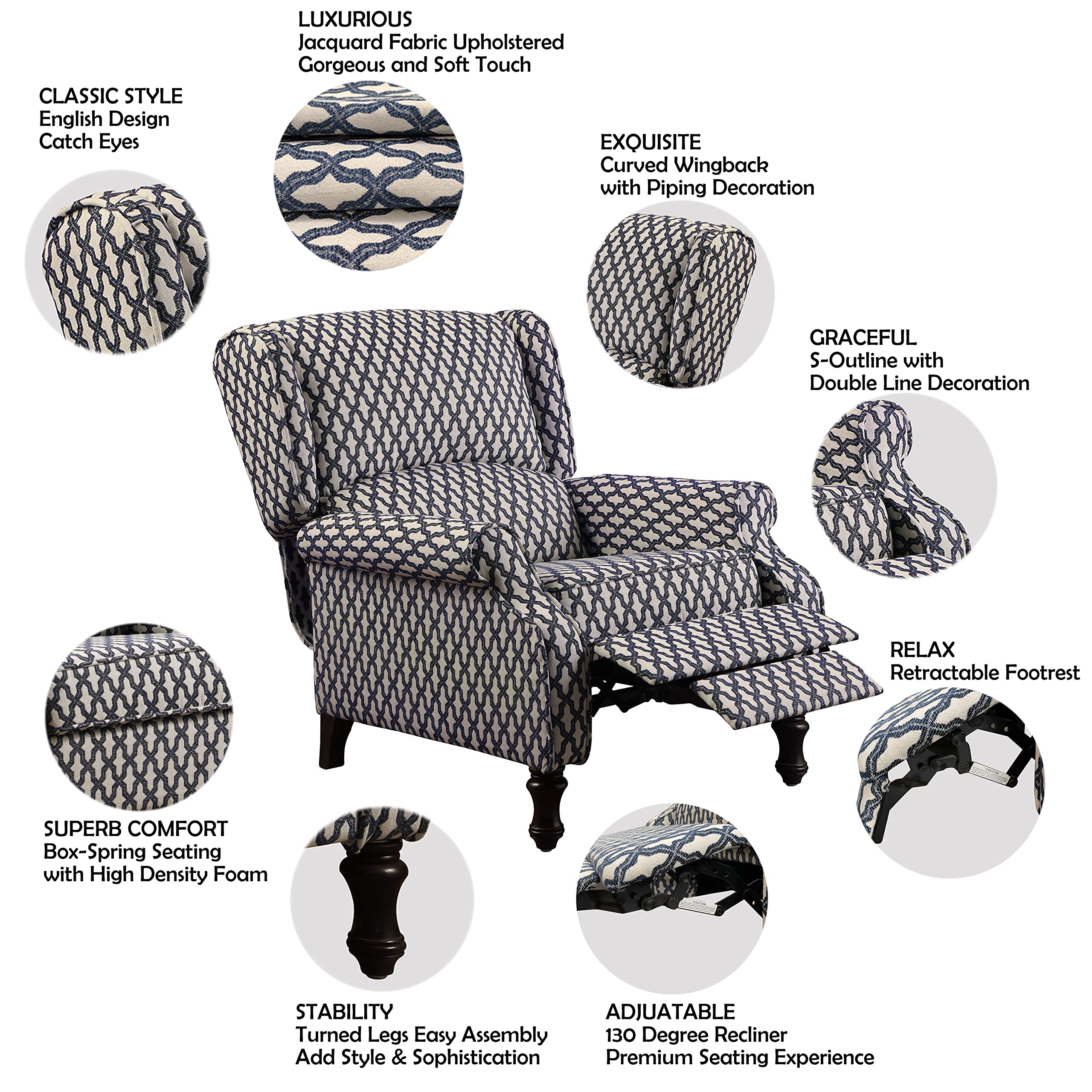 Rosevera Kelly Victoria Padded Push Back Recliner Chair for Living Room and Bedroom, Navy Blue