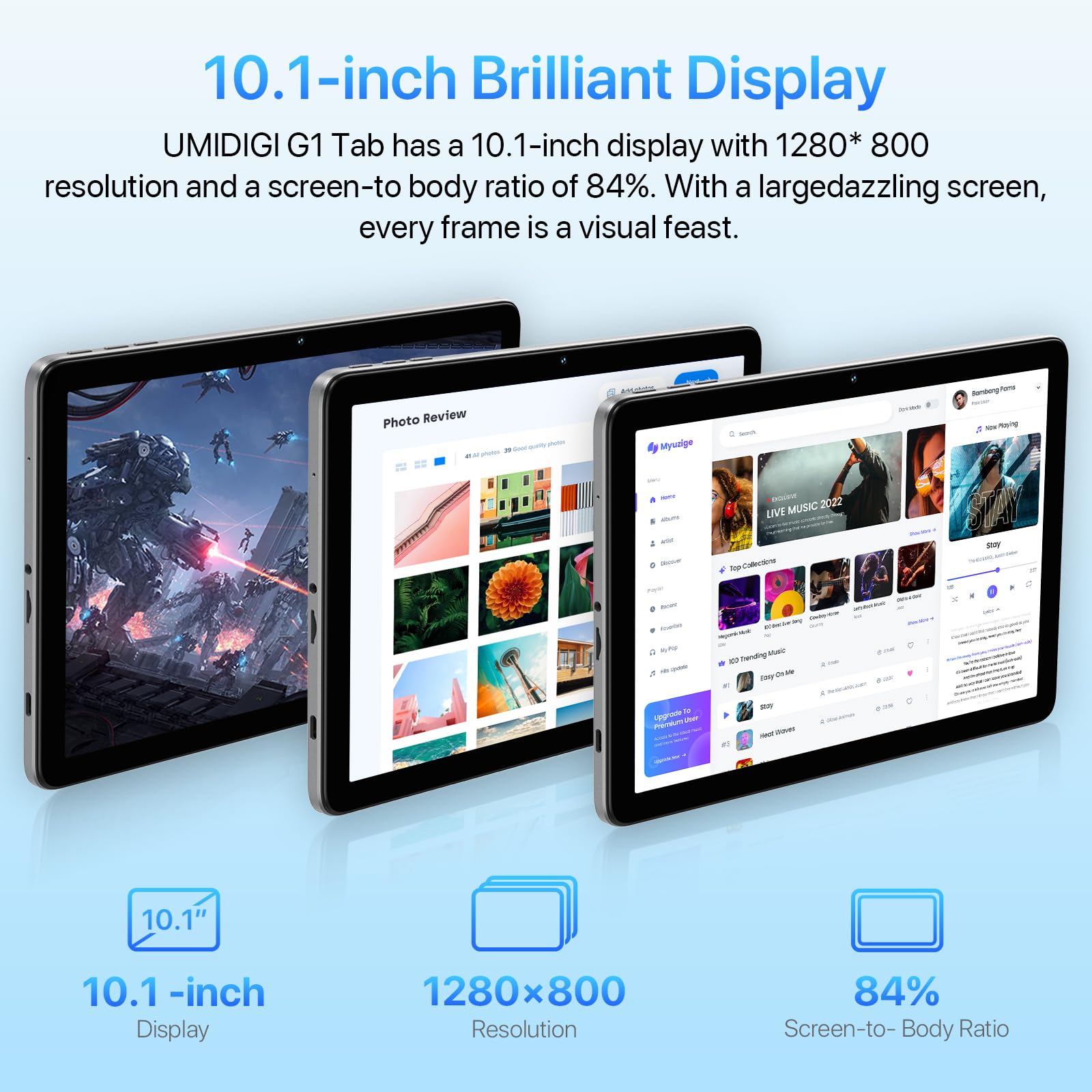 UMIDIGI G1 Tab Android 13 Tablet 2024, 8(4+4) GB+64GB 1TB Expand, Wi-Fi 6 Model, 10.1 inch Tablet with Quad-Core Processor up to 2.0 GHz, 6000mAh, Dual Camera, BT, 1280 * 800 HD IPS Touch Screen