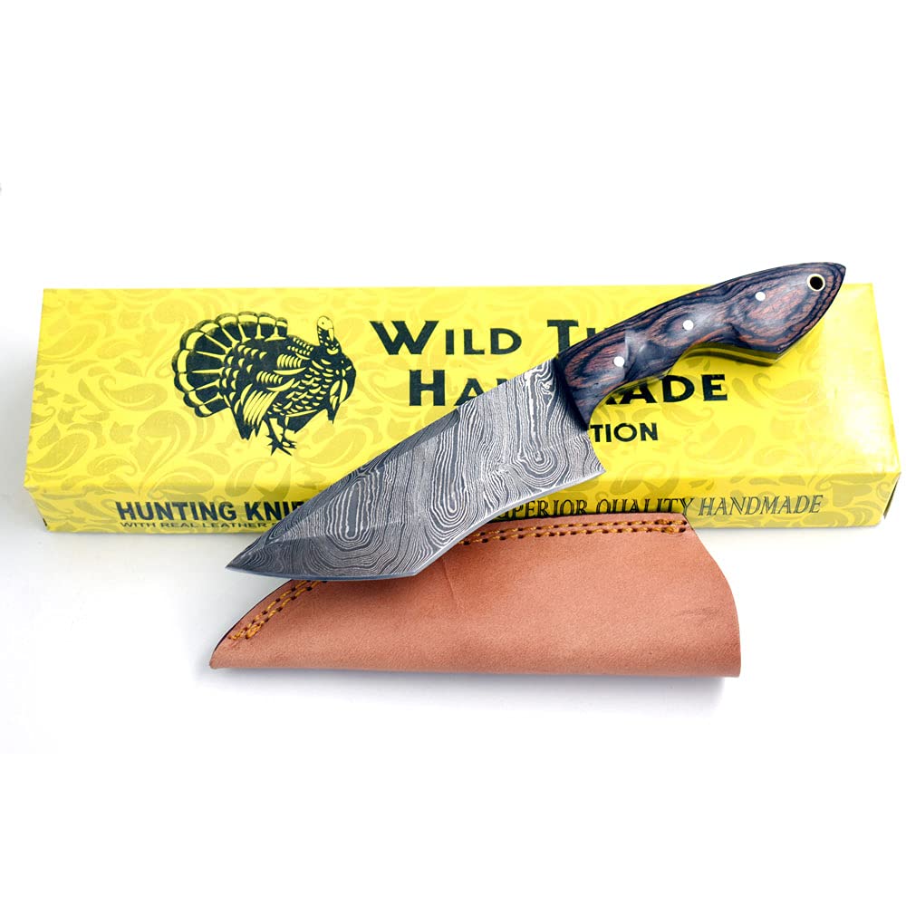 Wild Turkey Handmade Damascus Knife Collection Full Tang Hunting chef Knife w leather case. 3313 Black