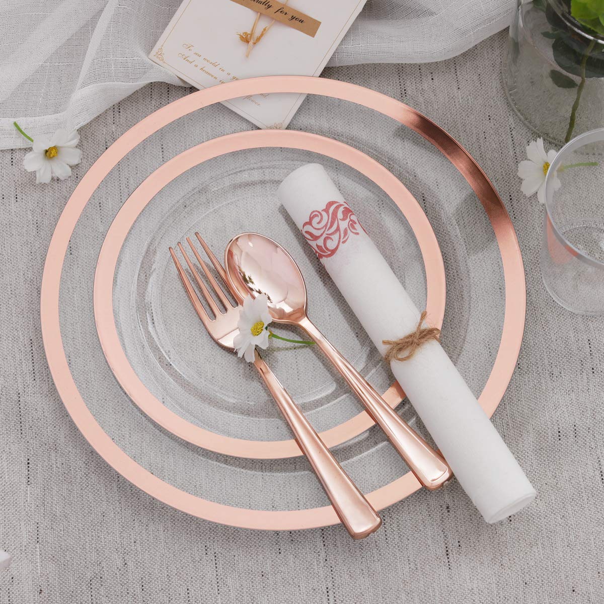 YOUBET 175Pieces Clear Plastic Plates with Rose Gold Rim&Rose Gold Plastic Silverware include 25Dinner Plates,25Salad Plates,25Forks, 25Knives,25Spoons, 25Cups,25Napkins