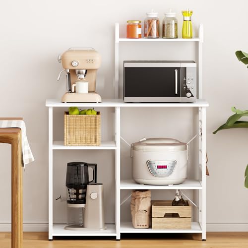 SDHYL Coffee Bar, 35 inch Bakers Rack Microwave Stand with 5 Storage Shelves and Hooks, Kitchen Shelves Organizers Bakers Racks, Microwave Table Coffee Station Table for Home Kitchen Bathroom