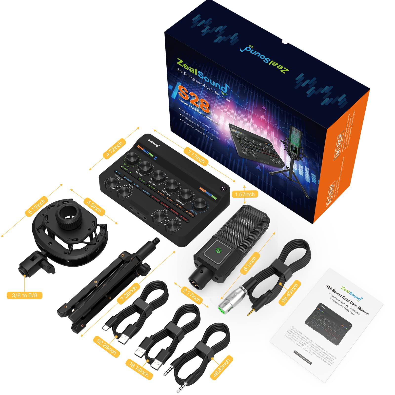 ZealSound Podcast Equipment Bundle,48V Phantom Power,Audio Interface with DJ Mixer and Live Sound Card Kit,ALL-IN-ONE Podcast Equipment Bundle Sound Board with XLR Microphone for Computer Smartphone