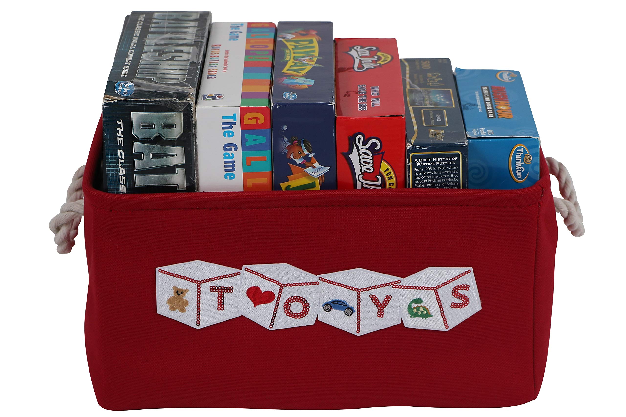 Toy Storage Basket Bin for Organizing Baby, Kids, Dog Toys, Children Books. Red Canvas Box Organizer w/Attractive White Patch for Playroom, Nursery