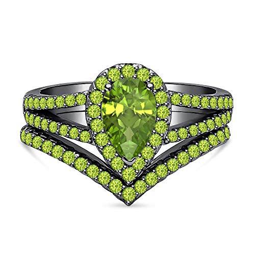 SVC-JEWELS Wonderful Pear Peridot 14k Black Gold Plated 5x7mm Bridal Engagement Wedding Ring V Shaped Band for Women's.
